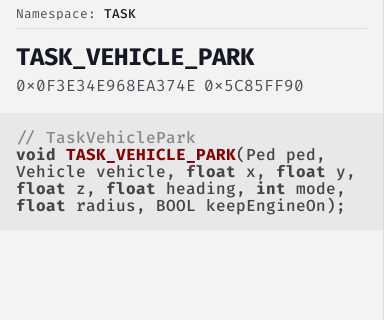 TaskVehiclePark - FiveM Natives @ Cfx.re Docs