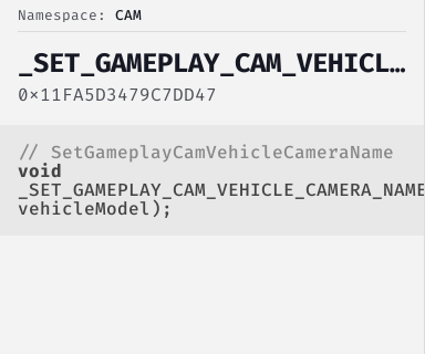 SetGameplayCamVehicleCameraName - FiveM Natives @ Cfx.re Docs