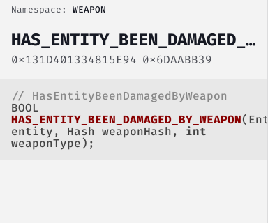 HasEntityBeenDamagedByWeapon - FiveM Natives @ Cfx.re Docs