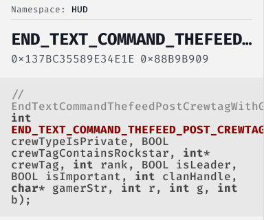 EndTextCommandThefeedPostCrewtagWithGameName - FiveM Natives @ Cfx.re Docs