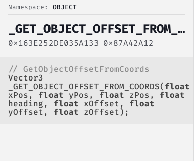 GetOffsetFromCoordAndHeadingInWorldCoords - FiveM Natives @ Cfx.re Docs