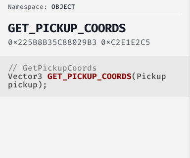 GetPickupCoords - FiveM Natives @ Cfx.re Docs