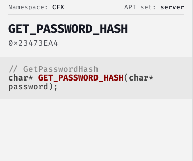 GetPasswordHash - FiveM Natives @ Cfx.re Docs