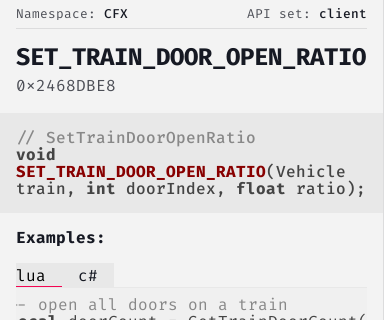 SetTrainDoorOpenRatio - FiveM Natives @ Cfx.re Docs