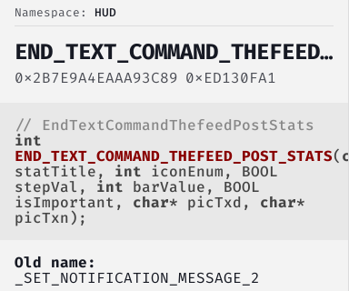 EndTextCommandThefeedPostStats - FiveM Natives @ Cfx.re Docs