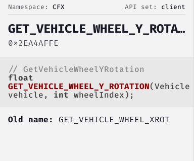 GetVehicleWheelYRotation - FiveM Natives @ Cfx.re Docs