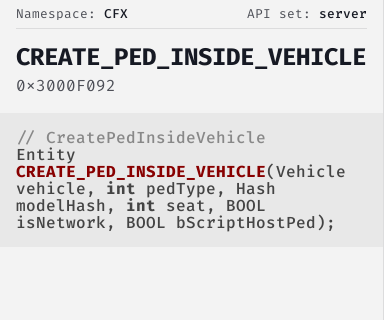 CreatePedInsideVehicle - FiveM Natives @ Cfx.re Docs