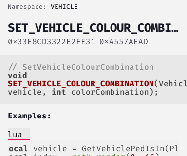 SetVehicleColourCombination - FiveM Natives @ Cfx.re Docs