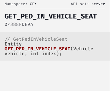 GetPedInVehicleSeat - FiveM Natives @ Cfx.re Docs
