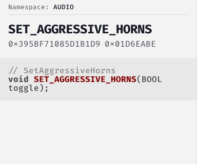 SetAggressiveHorns - FiveM Natives @ Cfx.re Docs