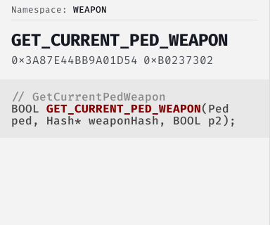 GetCurrentPedWeapon - FiveM Natives @ Cfx.re Docs