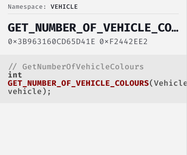 GetNumberOfVehicleColours - FiveM Natives @ Cfx.re Docs