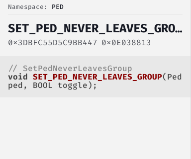 SetPedNeverLeavesGroup - FiveM Natives @ Cfx.re Docs