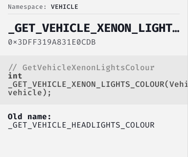 GetVehicleXenonLightsColor - FiveM Natives @ Cfx.re Docs