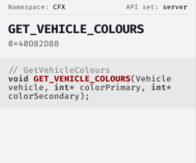 GetVehicleColours - FiveM Natives @ Cfx.re Docs