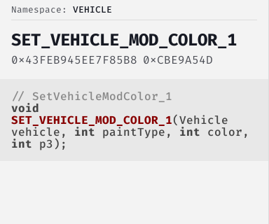 SetVehicleModColor_1 - FiveM Natives @ Cfx.re Docs