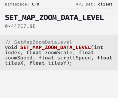 SetMapZoomDataLevel - FiveM Natives @ Cfx.re Docs