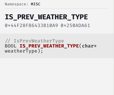 IsPrevWeatherType - FiveM Natives @ Cfx.re Docs