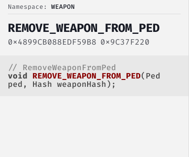 RemoveWeaponFromPed - FiveM Natives @ Cfx.re Docs