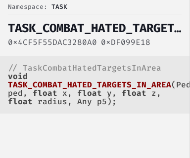 TaskCombatHatedTargetsInArea - FiveM Natives @ Cfx.re Docs