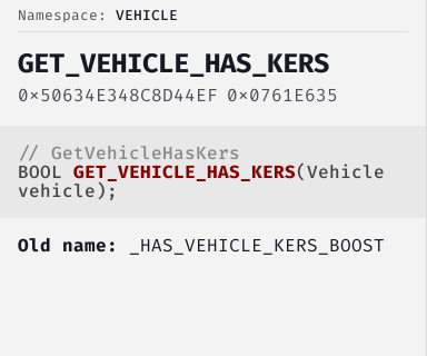 GetVehicleHasKers - FiveM Natives @ Cfx.re Docs