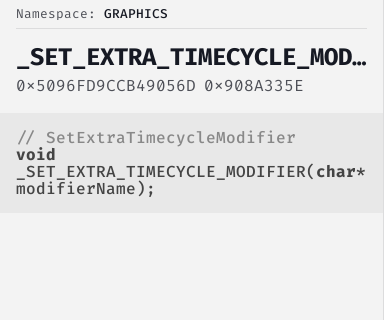 SetExtraTimecycleModifier - FiveM Natives @ Cfx.re Docs