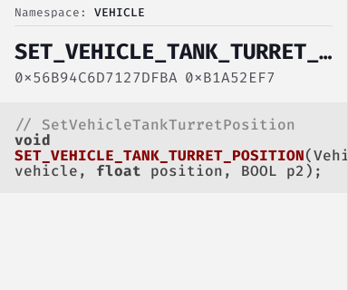 SetVehicleTankTurretPosition - FiveM Natives @ Cfx.re Docs