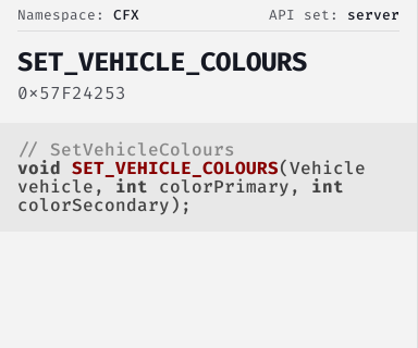 SetVehicleColours - FiveM Natives @ Cfx.re Docs
