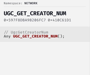 UgcGetCreatorNum - FiveM Natives @ Cfx.re Docs