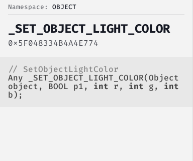 SetObjectLightColor - FiveM Natives @ Cfx.re Docs