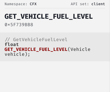 GetVehicleFuelLevel - FiveM Natives @ Cfx.re Docs