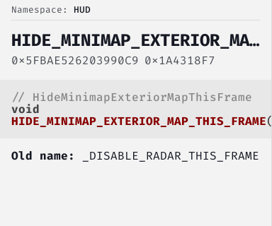 HideMinimapExteriorMapThisFrame - FiveM Natives @ Cfx.re Docs