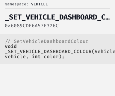SetVehicleDashboardColor - FiveM Natives @ Cfx.re Docs