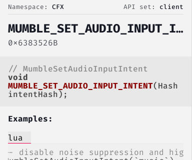 MumbleSetAudioInputIntent - FiveM Natives @ Cfx.re Docs