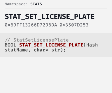 StatSetLicensePlate - FiveM Natives @ Cfx.re Docs