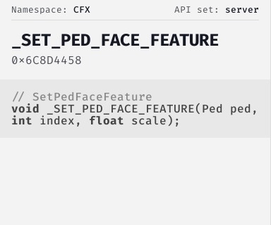 SetPedFaceFeature - FiveM Natives @ Cfx.re Docs