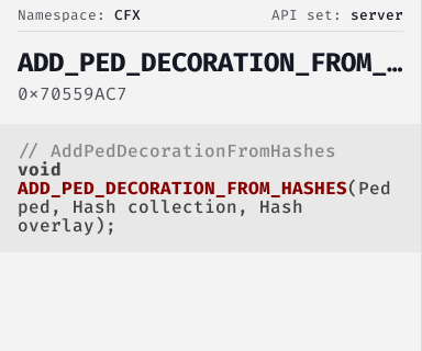 AddPedDecorationFromHashes - FiveM Natives @ Cfx.re Docs