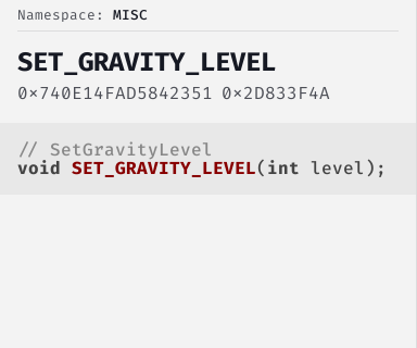 SetGravityLevel - FiveM Natives @ Cfx.re Docs