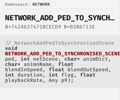 NetworkAddPedToSynchronisedScene - FiveM Natives @ Cfx.re Docs