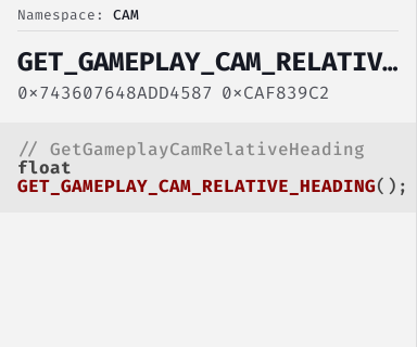 GetGameplayCamRelativeHeading - FiveM Natives @ Cfx.re Docs