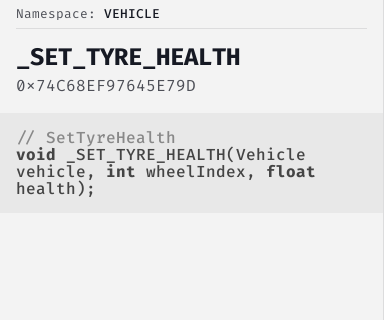 SetTyreHealth - FiveM Natives @ Cfx.re Docs