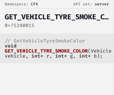 GetVehicleTyreSmokeColor - FiveM Natives @ Cfx.re Docs