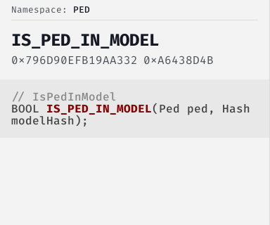 IsPedInModel - FiveM Natives @ Cfx.re Docs