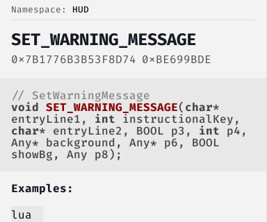 SetWarningMessage - FiveM Natives @ Cfx.re Docs