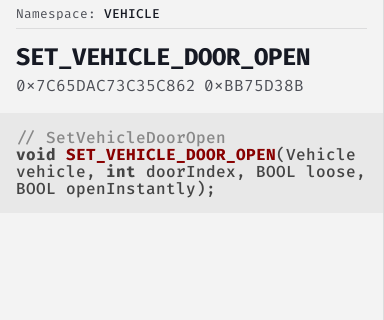 SetVehicleDoorOpen - FiveM Natives @ Cfx.re Docs