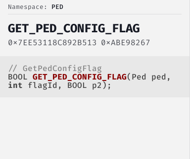 GetPedConfigFlag - FiveM Natives @ Cfx.re Docs