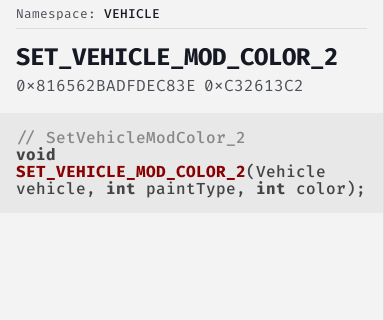 SetVehicleModColor_2 - FiveM Natives @ Cfx.re Docs
