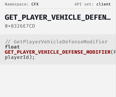 GetPlayerVehicleDefenseModifier - FiveM Natives @ Cfx.re Docs