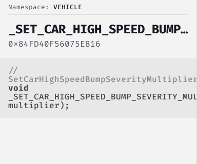 SetCarHighSpeedBumpSeverityMultiplier - FiveM Natives @ Cfx.re Docs