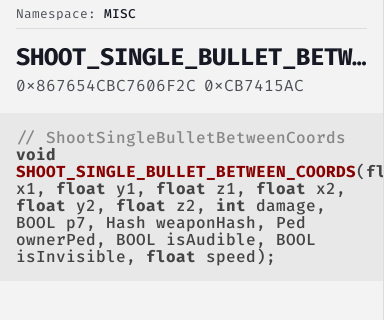 ShootSingleBulletBetweenCoords - FiveM Natives @ Cfx.re Docs